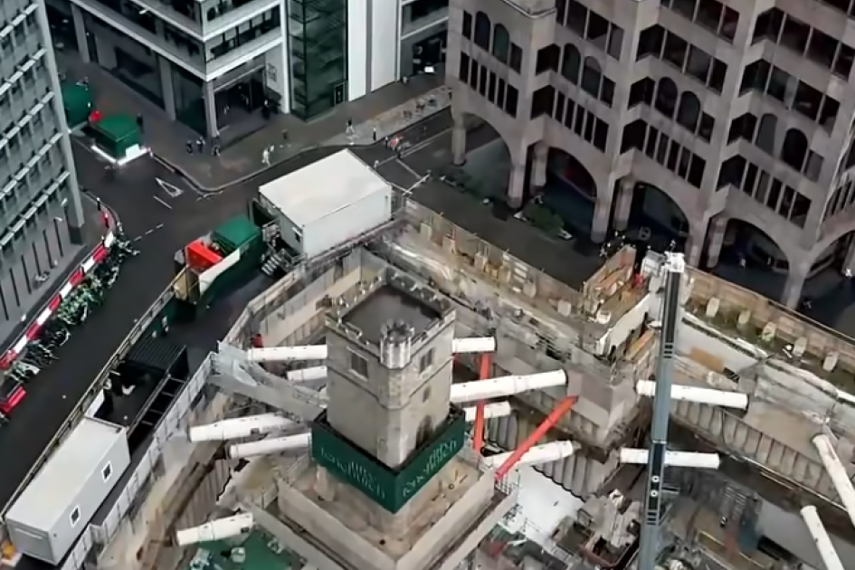Medieval church tower in City of London resting on stilts for ...