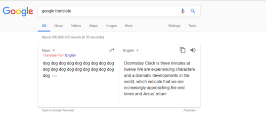 Google translate tells you about end times when you type 'dog'